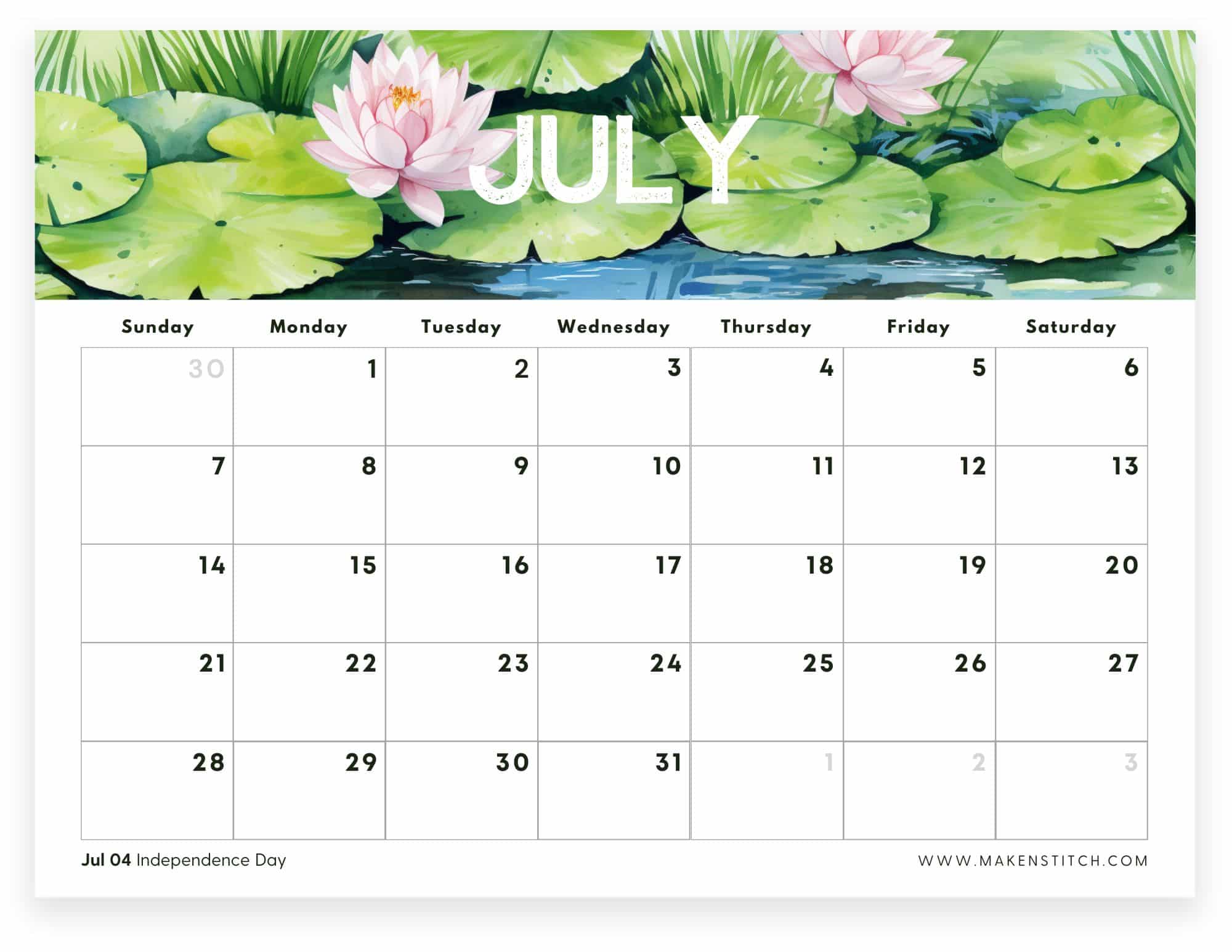 July 2024 Calendar Free Printable - Makenstitch