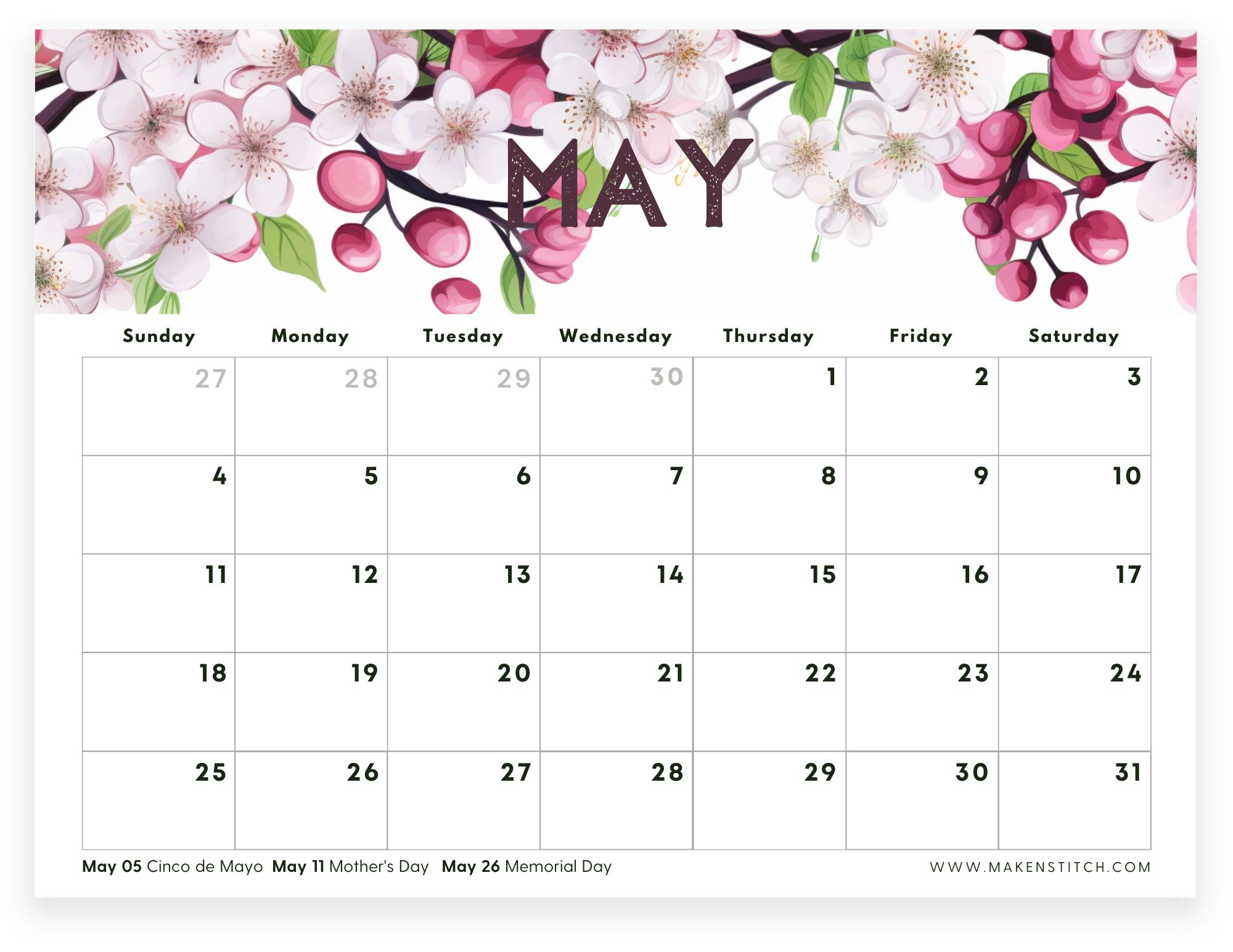 Free May 2025 Calendar Printables - Makenstitch