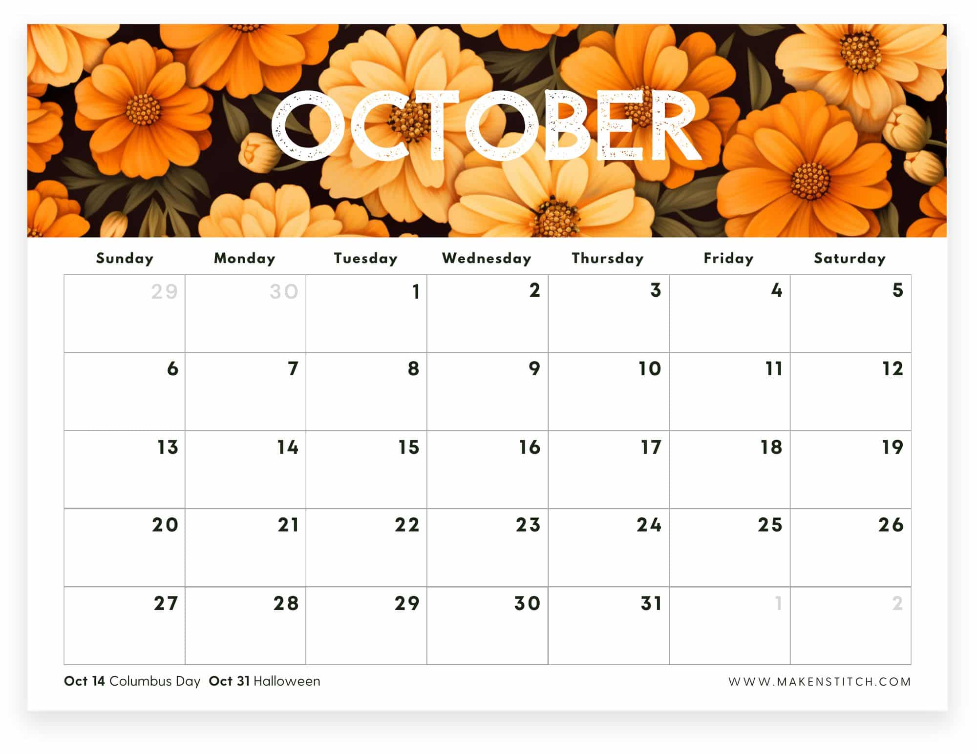 October 2024 Calendar Free Printable - Makenstitch