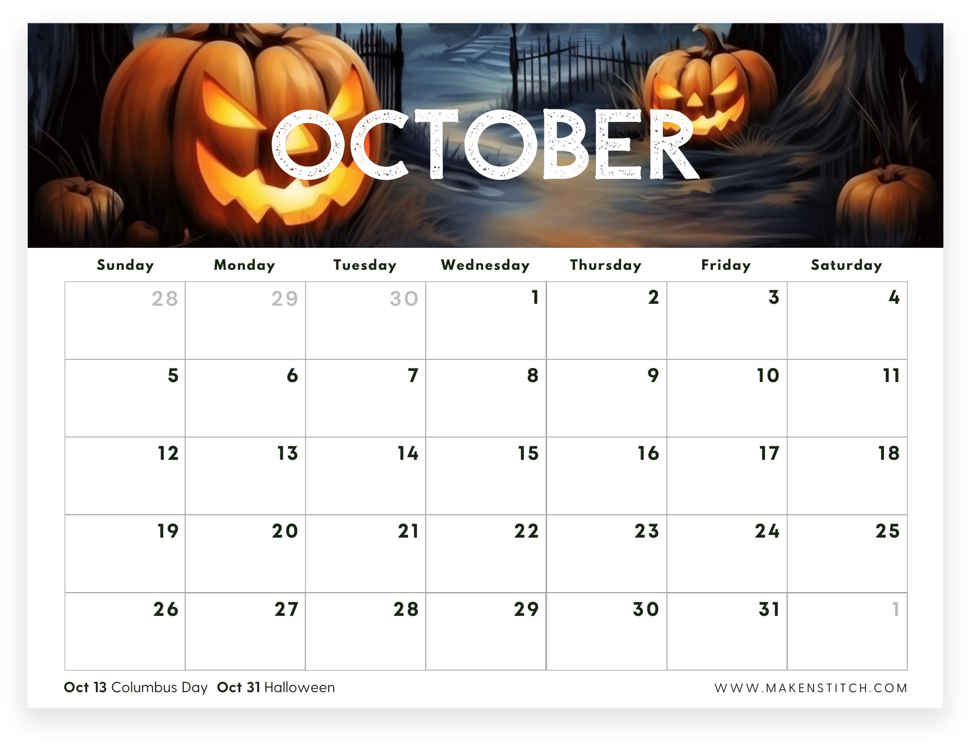 Free October 2025 Calendar Printables - Makenstitch