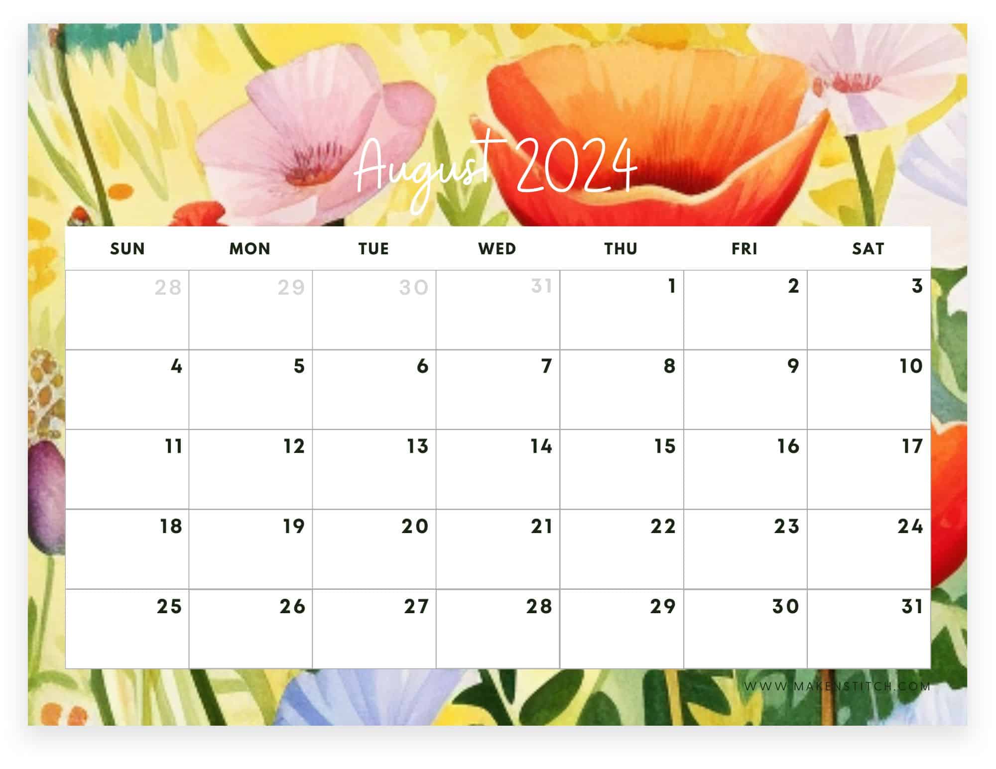 August 2024 Calendar Free Printable - Makenstitch