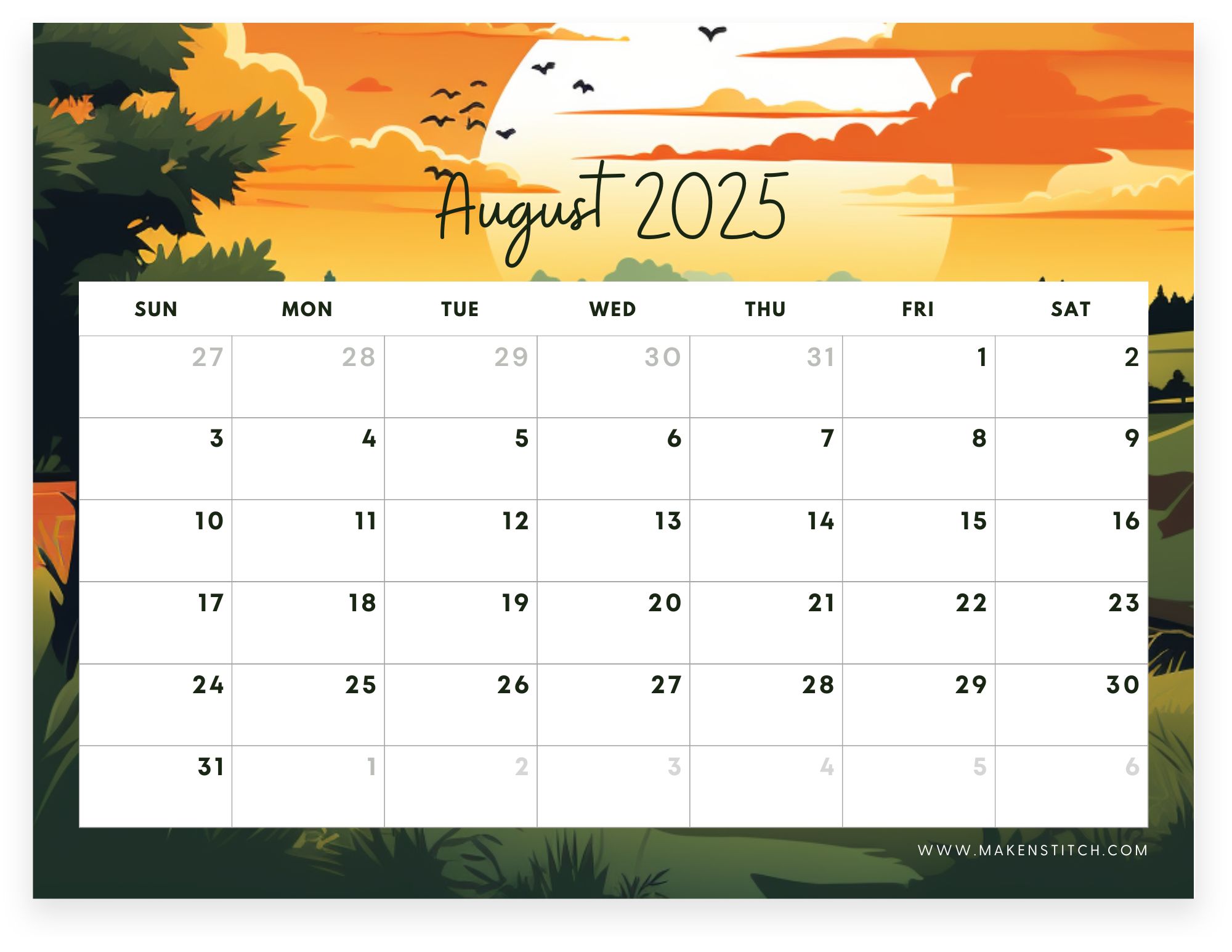 Free August 2025 Calendar Printables - Makenstitch