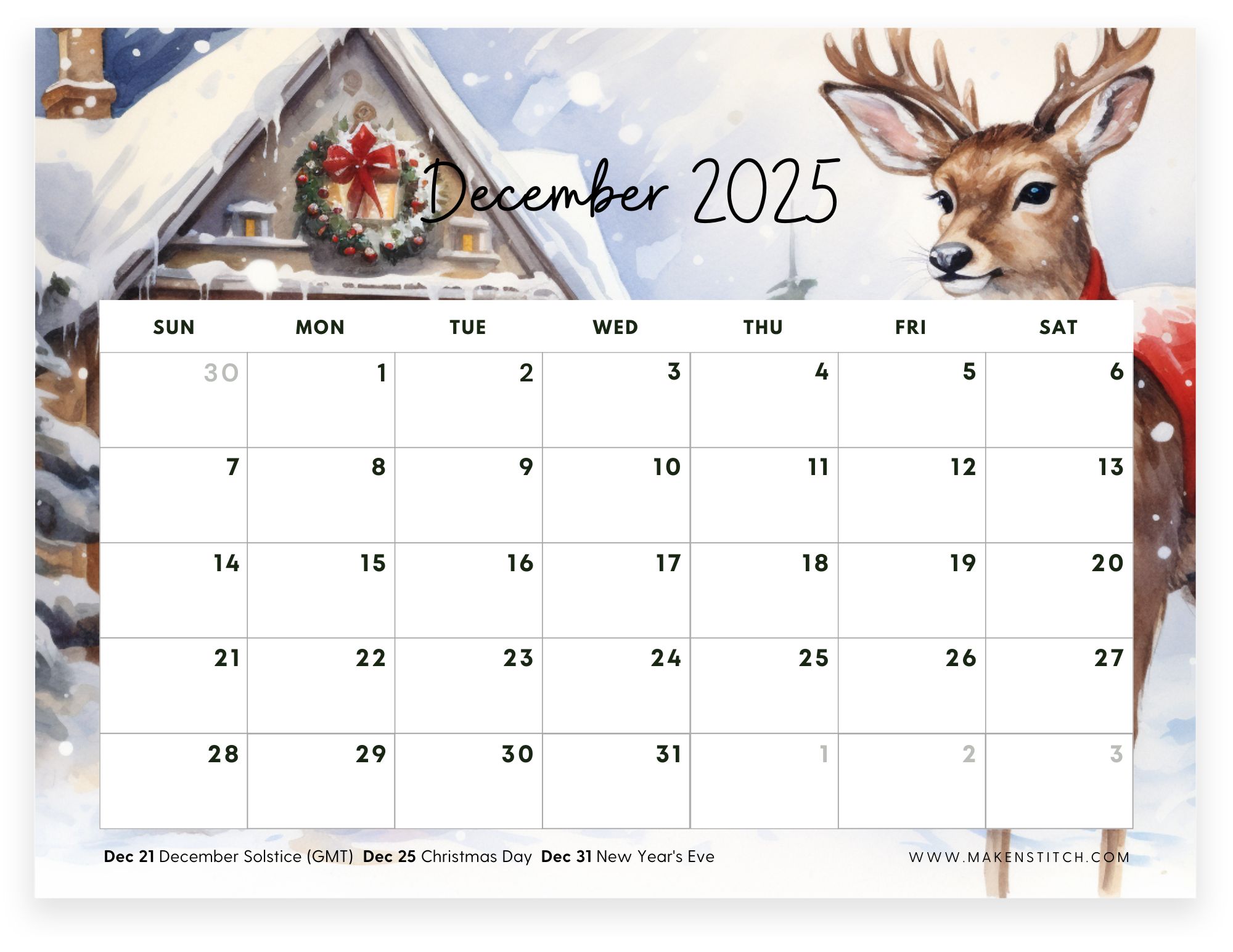Free December 2025 Calendar Printables - Makenstitch