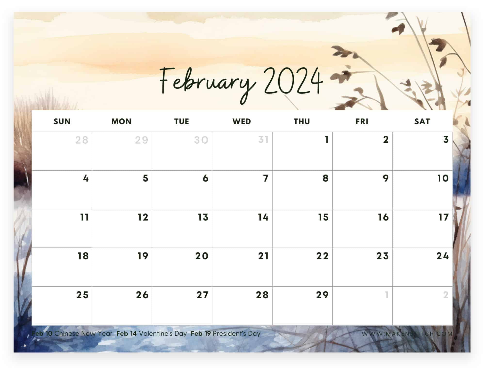 February 2024 Calendar Free Printable - Makenstitch