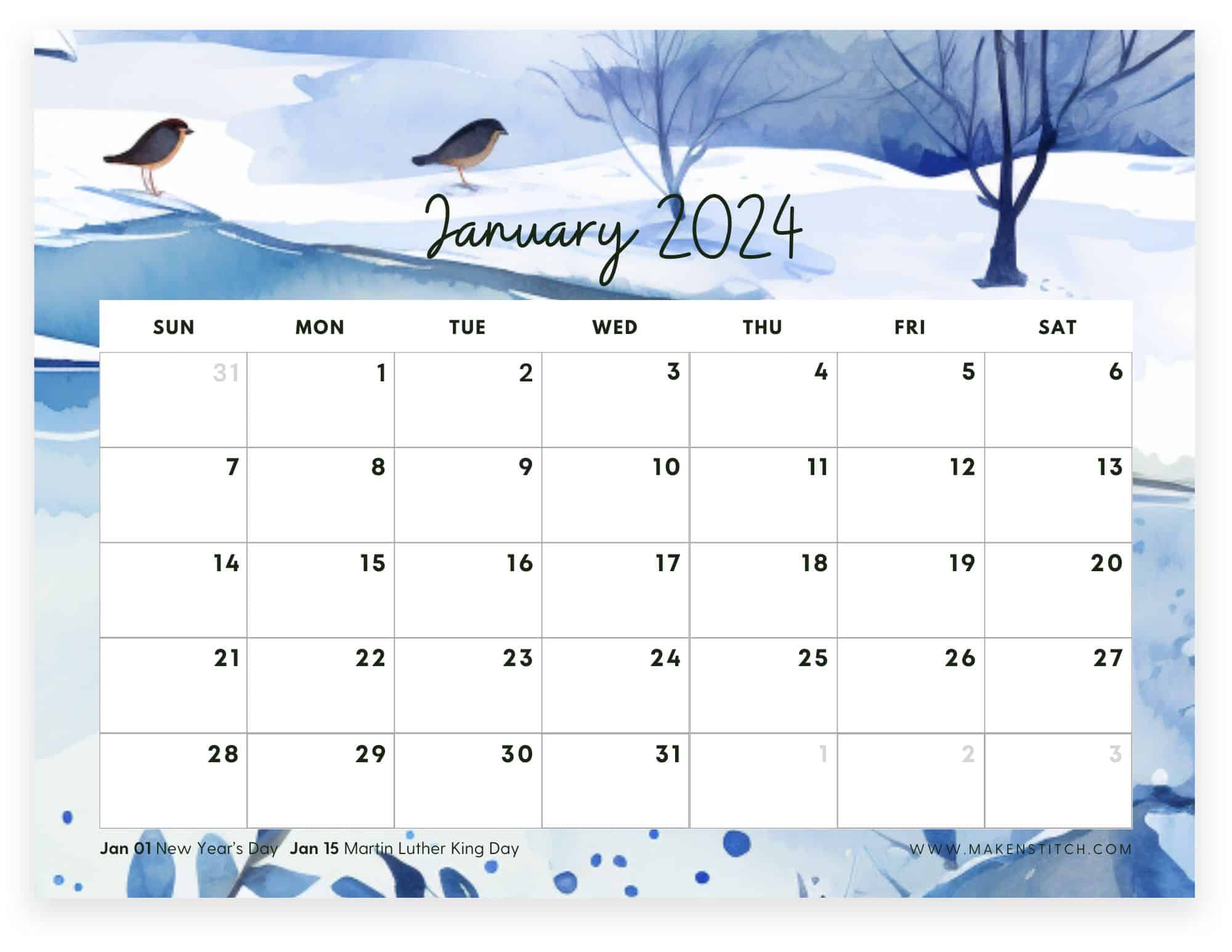January 2024 Calendar Free Printable - Makenstitch