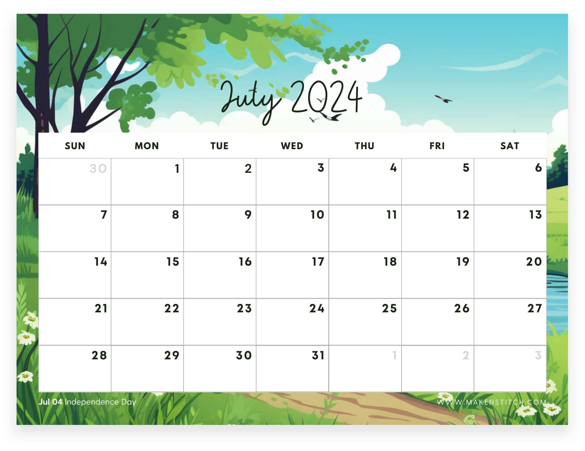 July 2024 Calendar Free Printable - Makenstitch