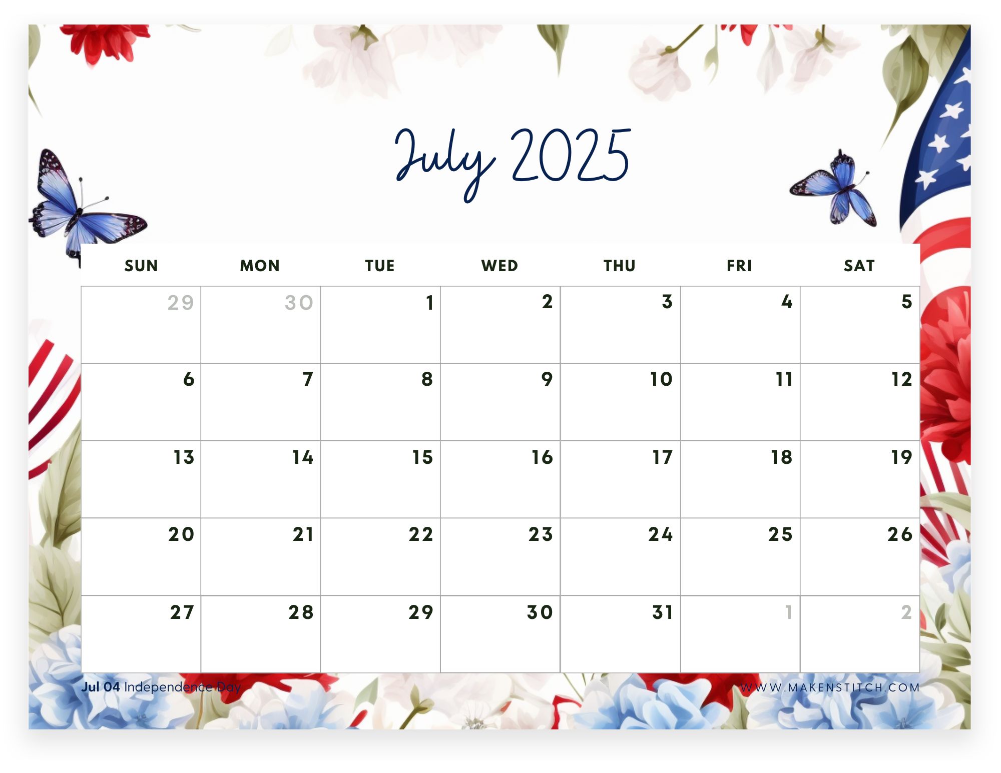 Free July 2025 Calendar Printables - Makenstitch