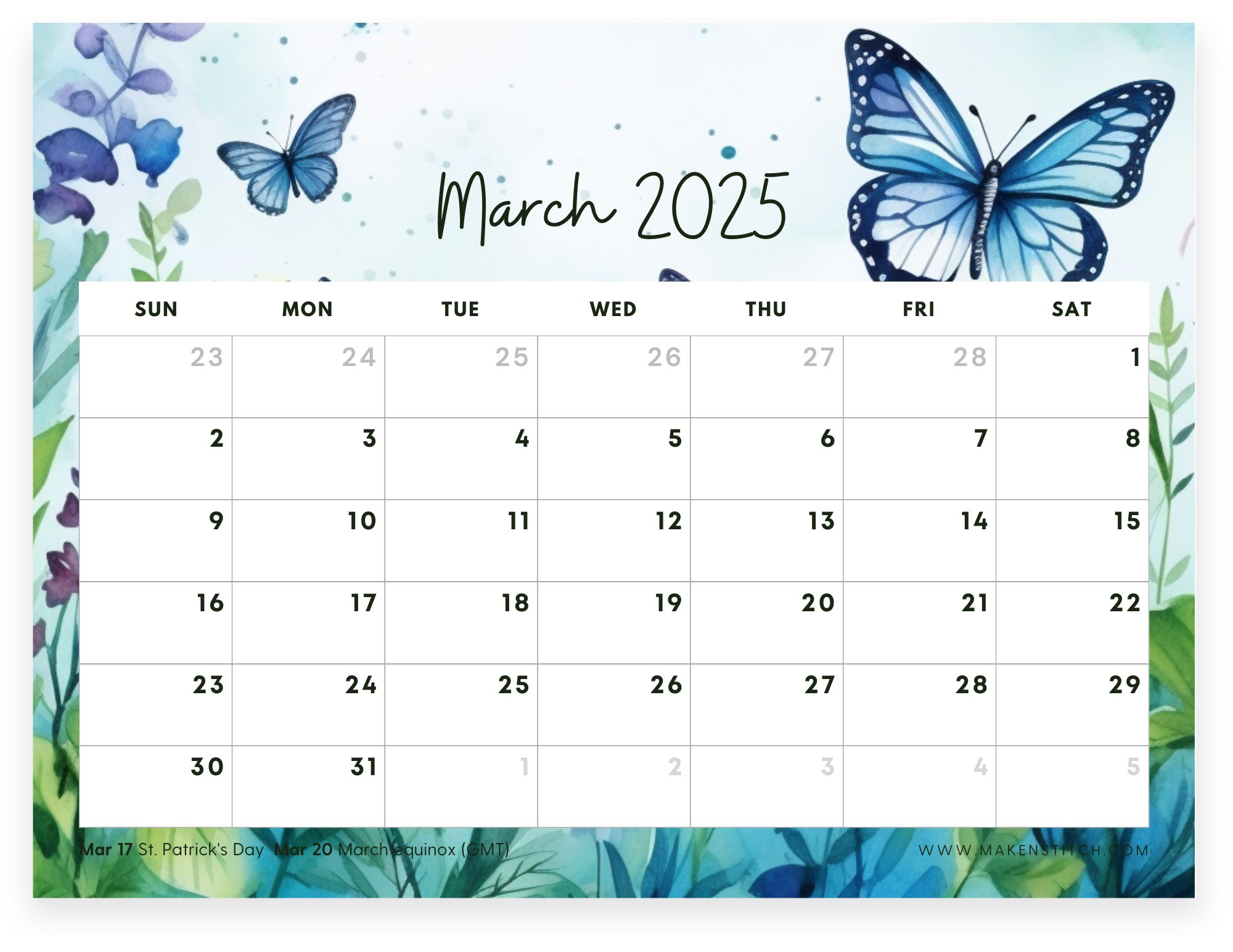 Free March 2025 Calendar Printables - Makenstitch