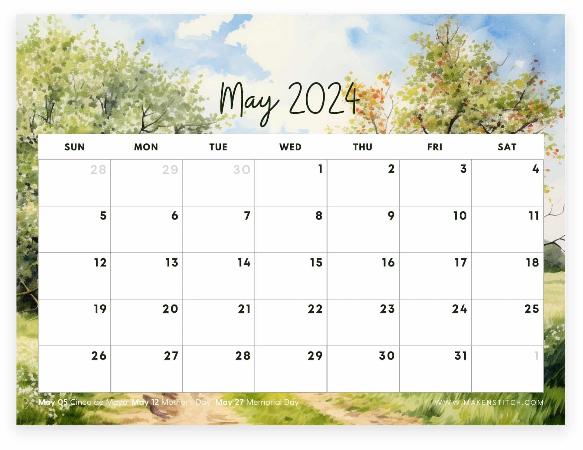 May 2024 Calendar Free Printable - Makenstitch