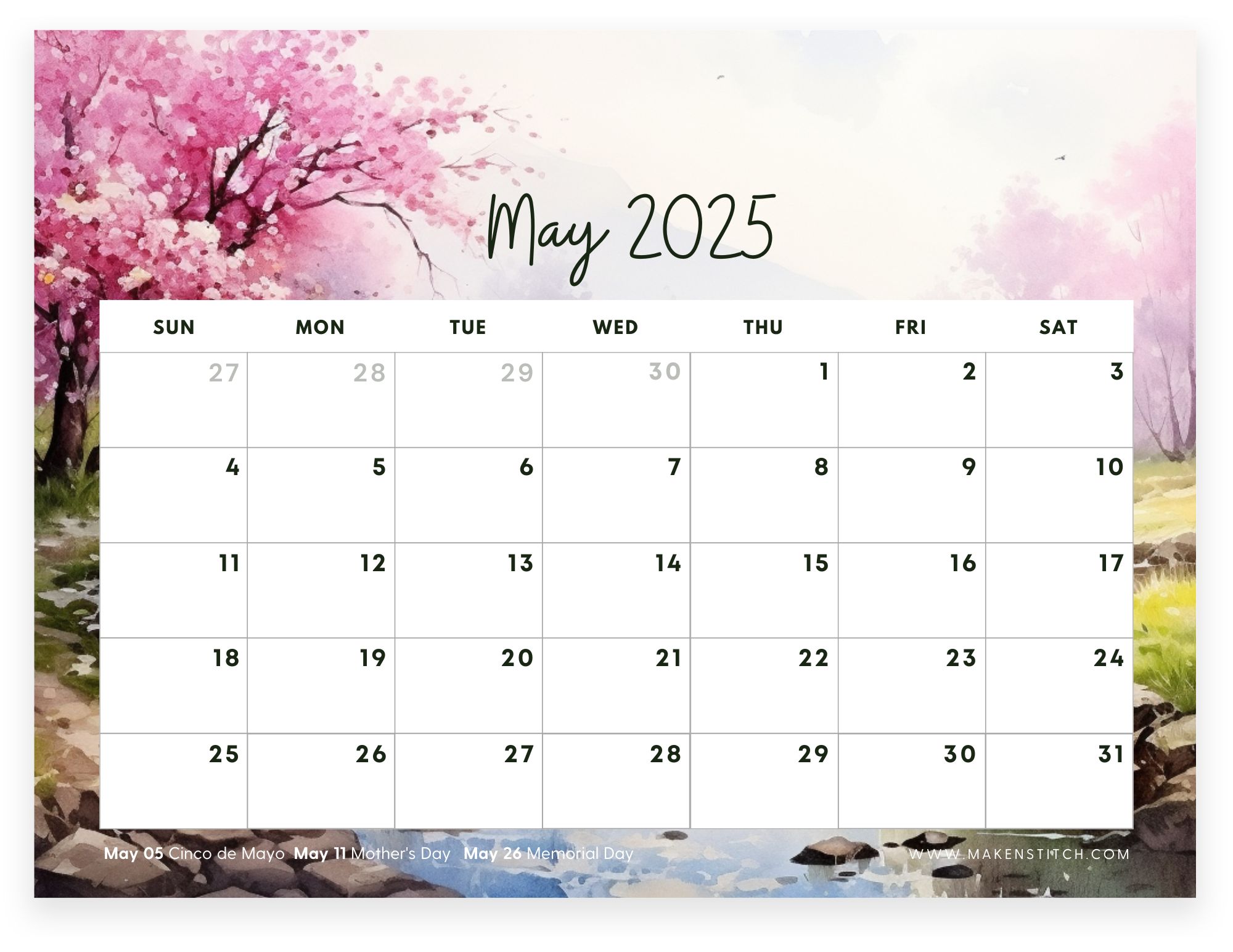 Free May 2025 Calendar Printables - Makenstitch