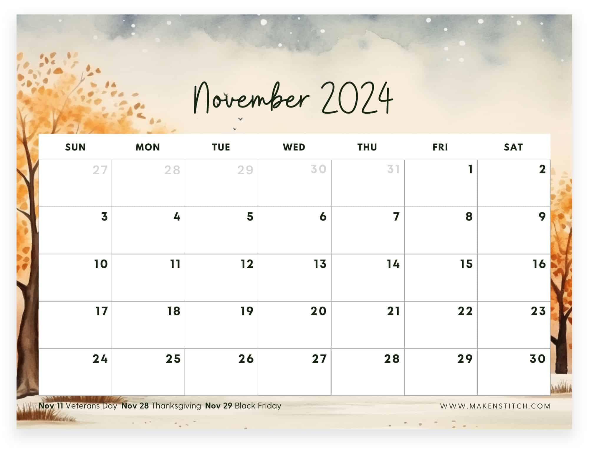 November 2024 Calendar Free Printable - Makenstitch