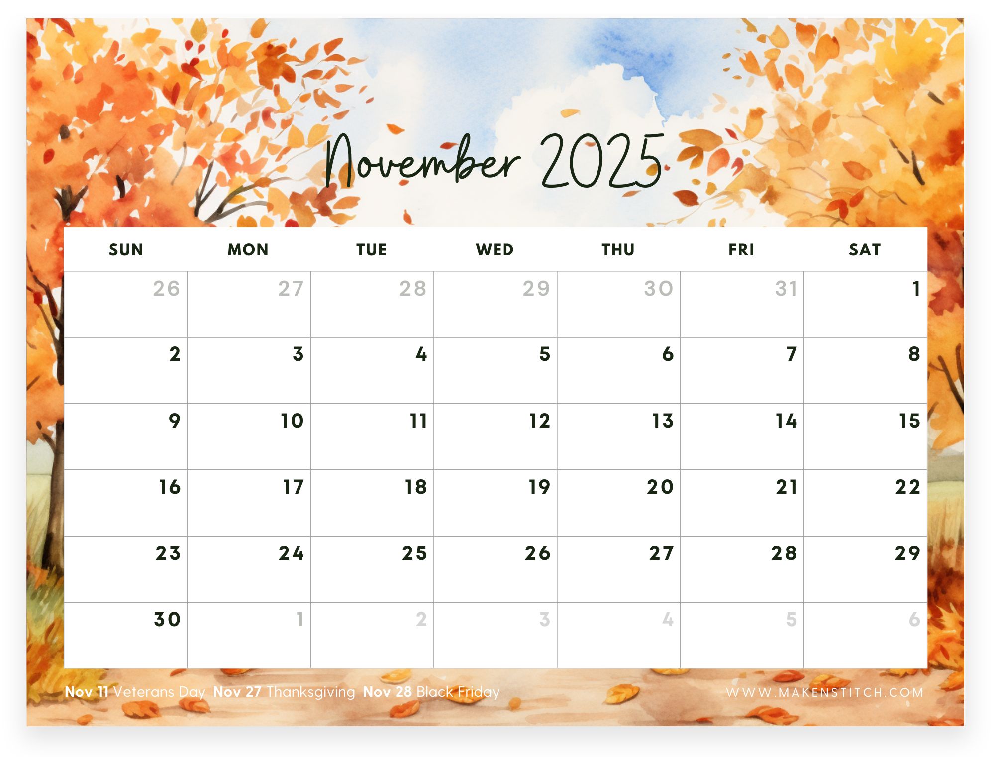 Free November 2025 Calendar Printables - Makenstitch
