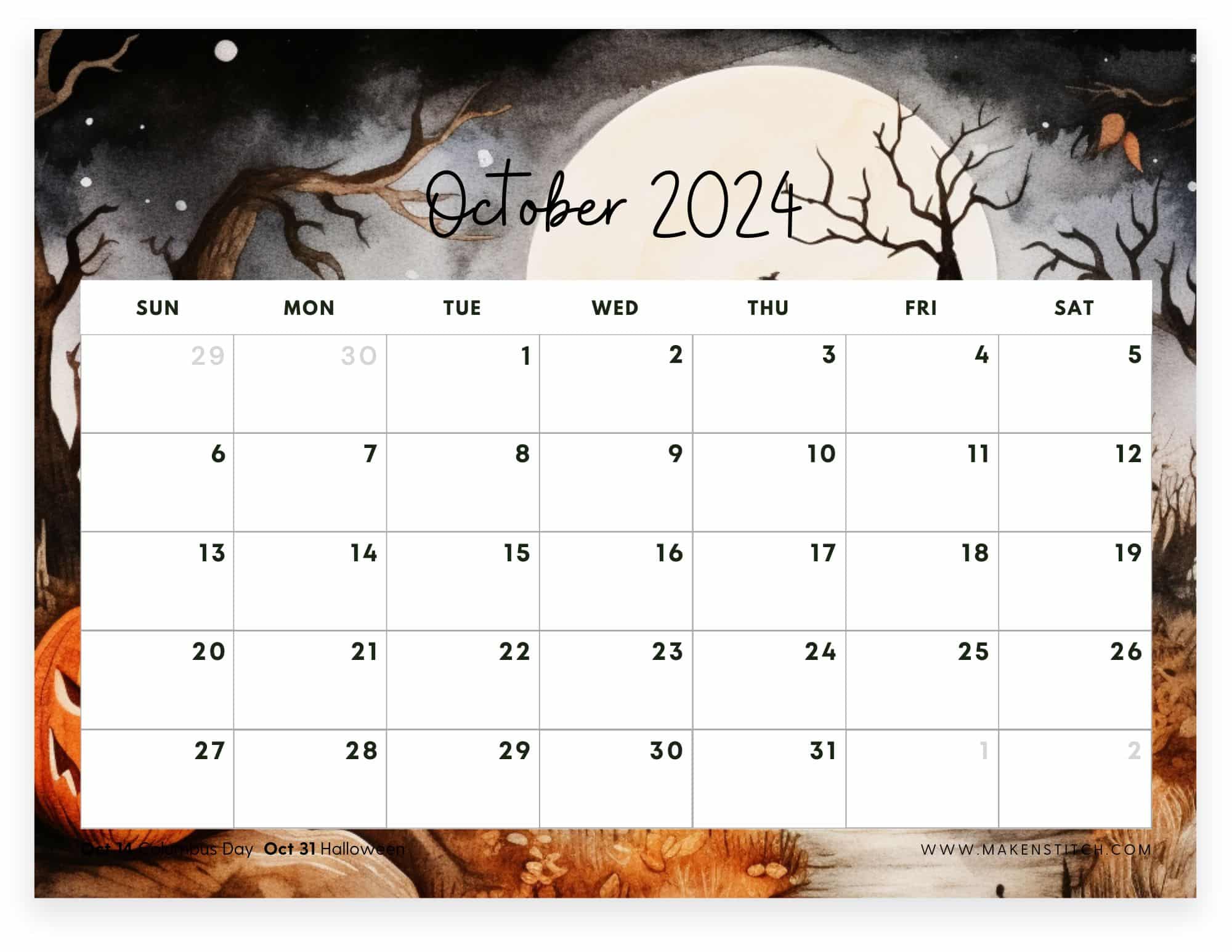 October 2024 Calendar Free Printable - Makenstitch