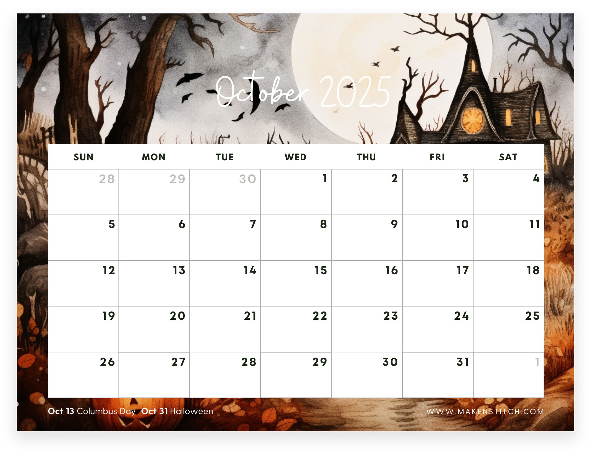 Free October 2025 Calendar Printables - Makenstitch