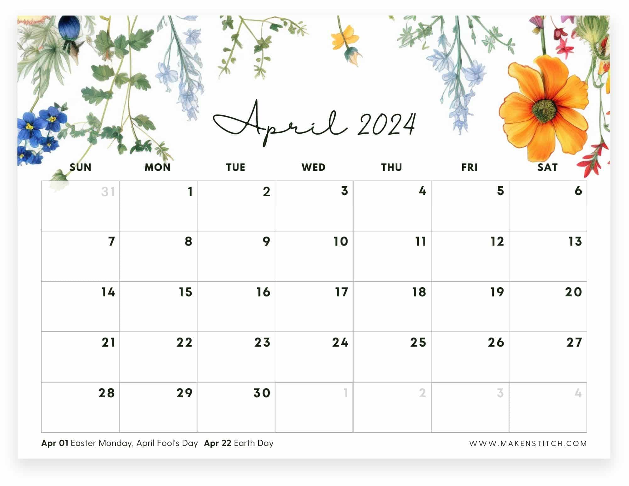 April 2024 Calendar Free Printable - Makenstitch