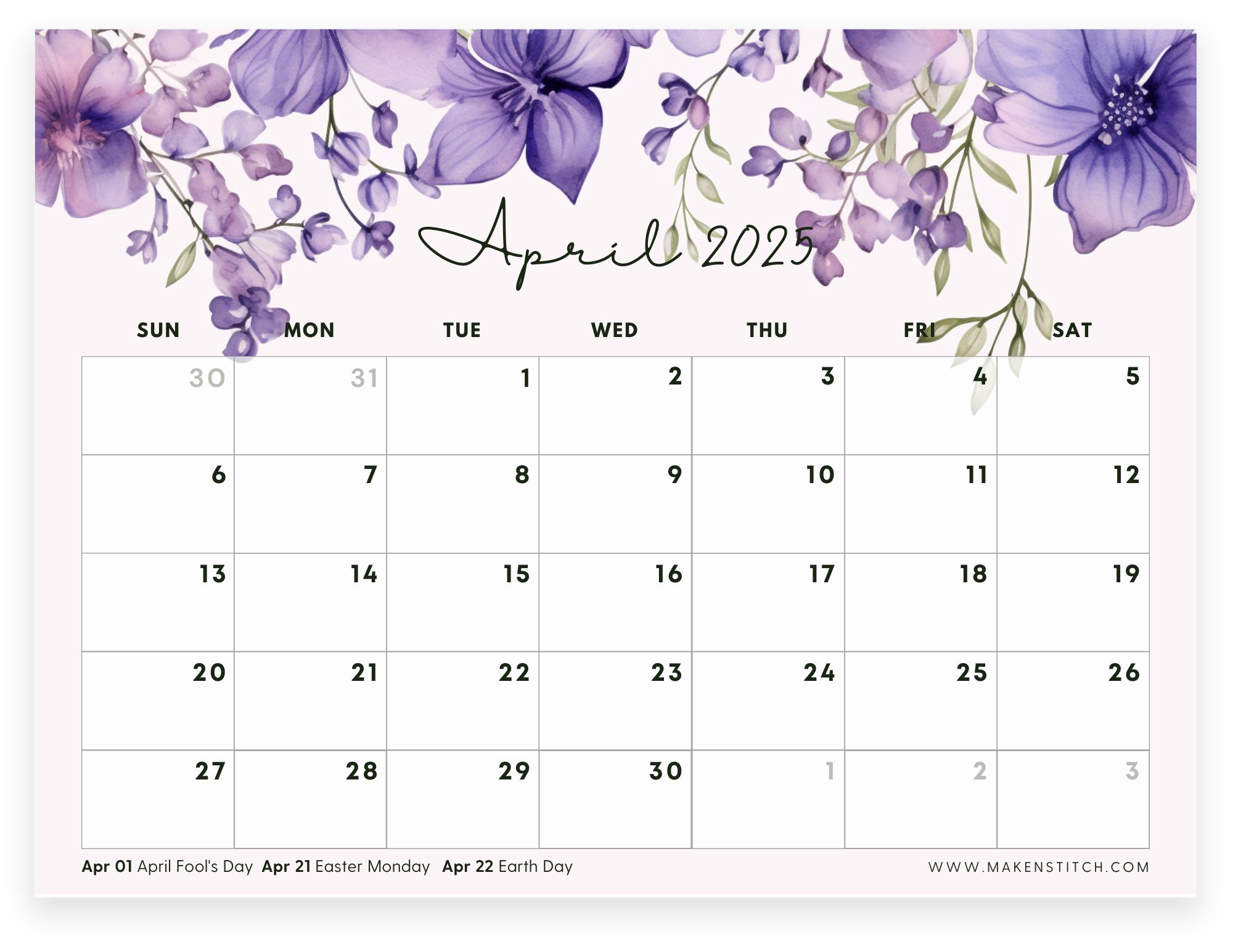 Free April 2025 Calendar Printables - Makenstitch