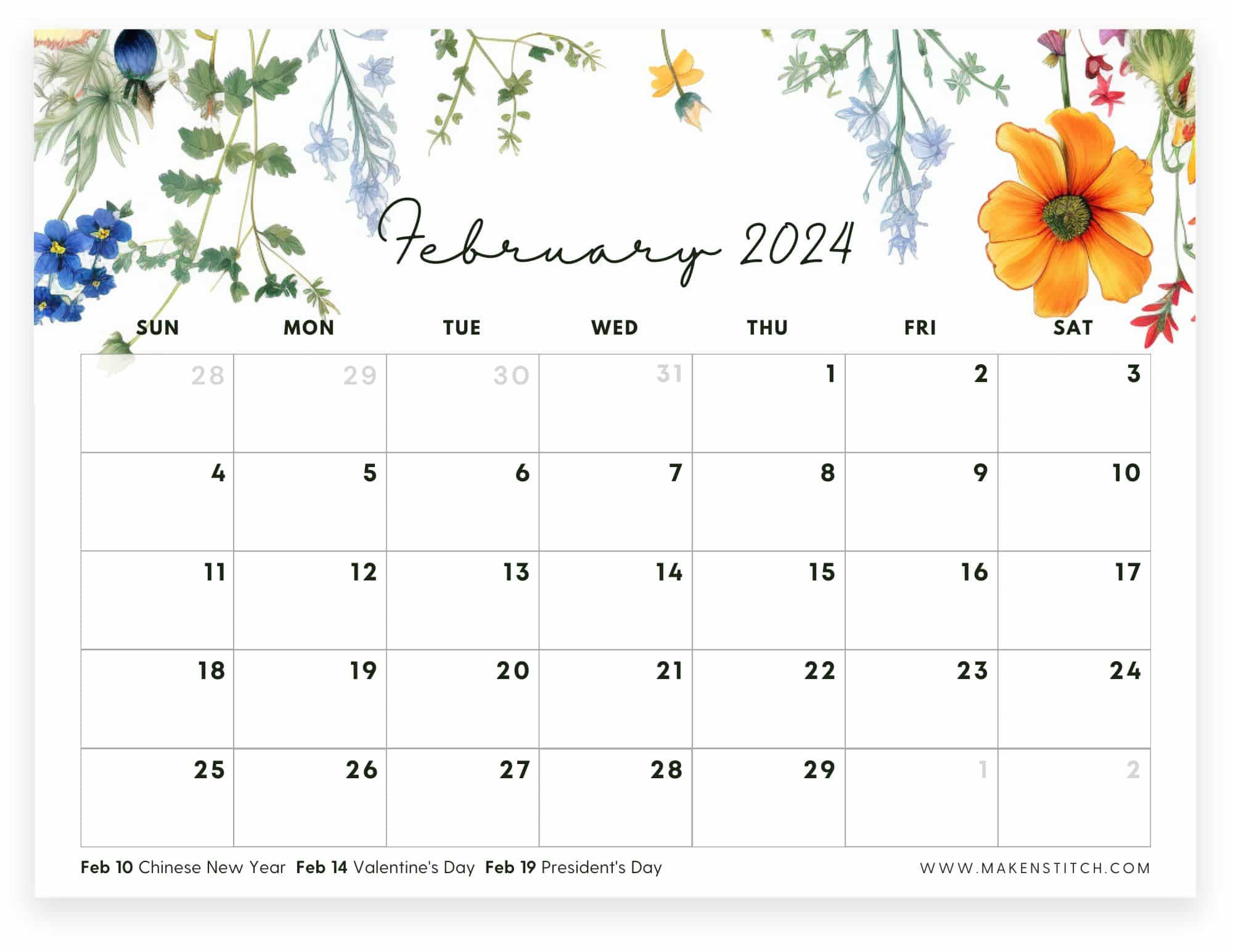 February 2024 Calendar Free Printable - Makenstitch