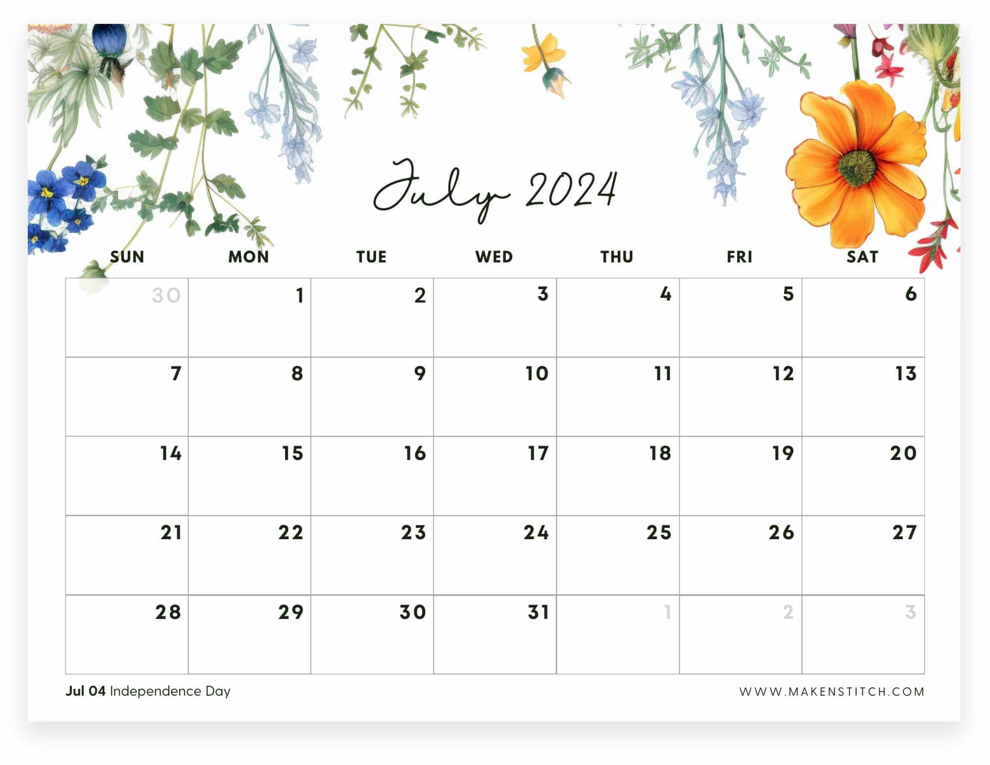 July 2024 Calendar Free Printable - Makenstitch