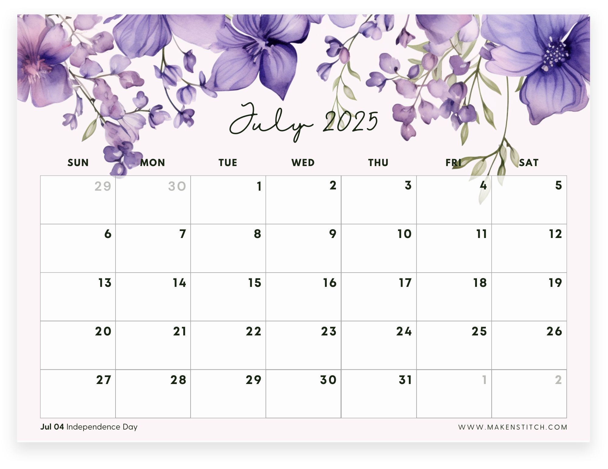 Free July 2025 Calendar Printables - Makenstitch