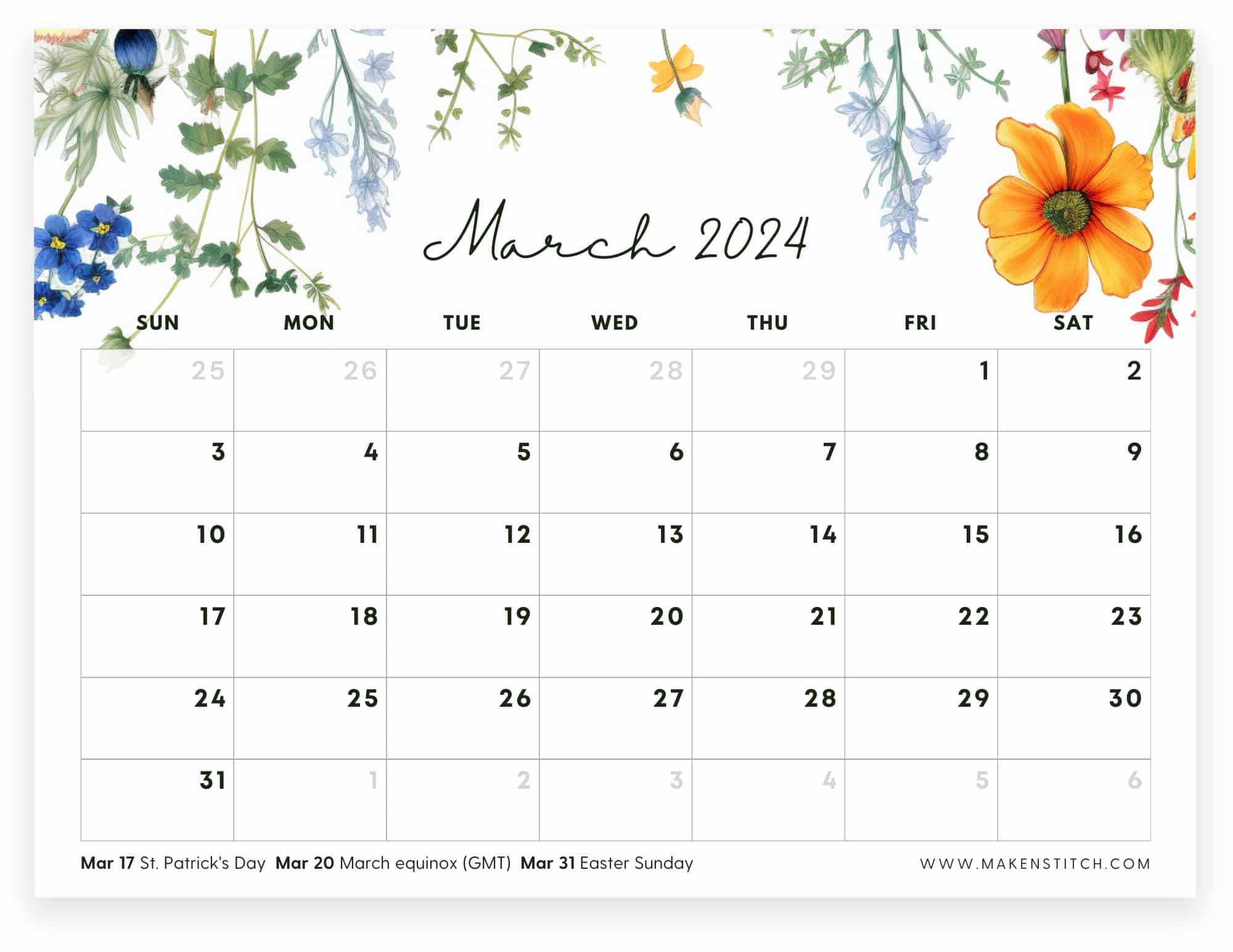 March 2024 Calendar Free Printable - Makenstitch