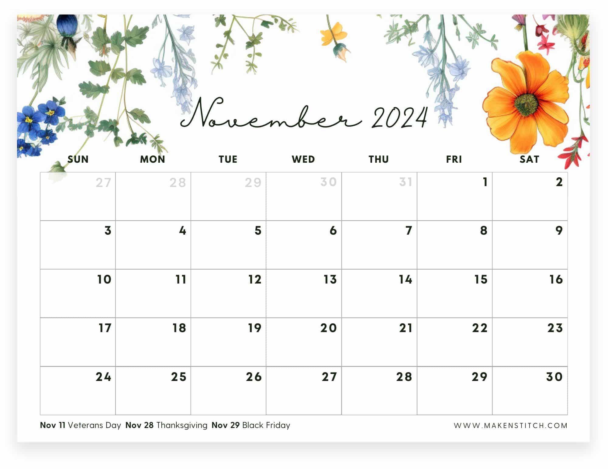 November 2024 Calendar Free Printable - Makenstitch