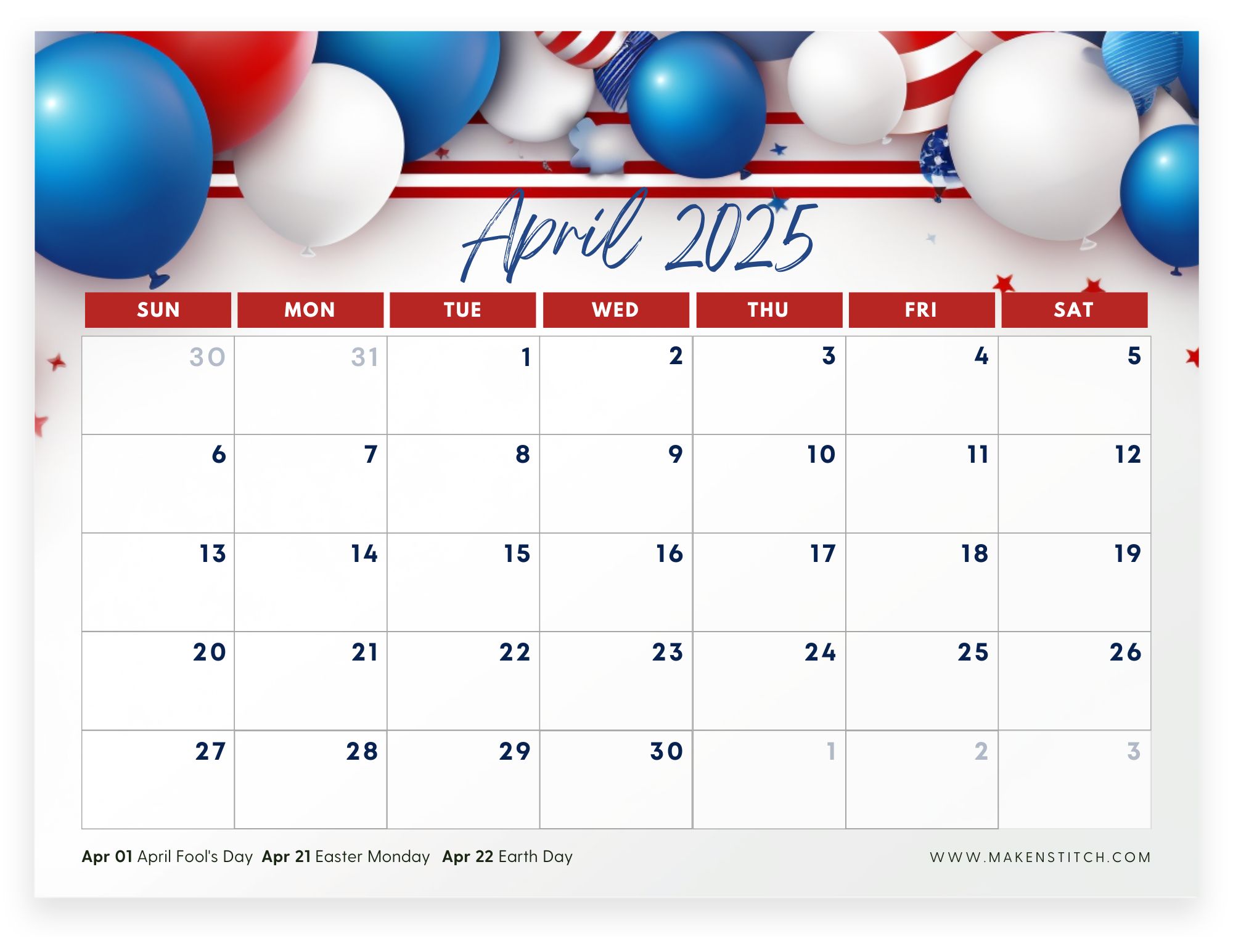 Free April 2025 Calendar Printables - Makenstitch