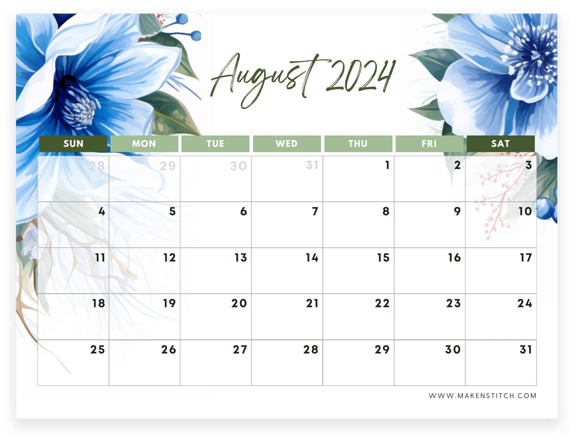 August 2024 Calendar Free Printable - Makenstitch