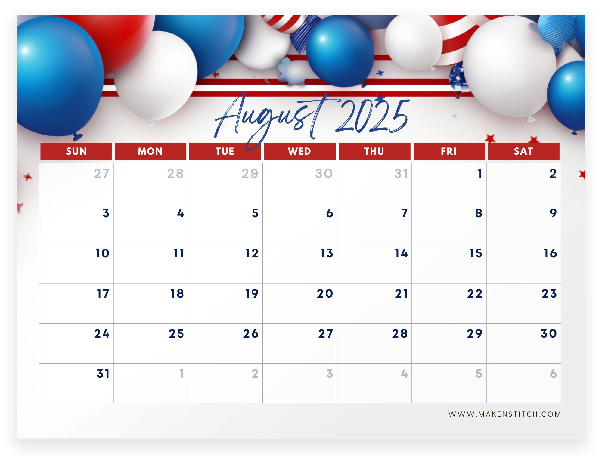 Free August 2025 Calendar Printables - Makenstitch