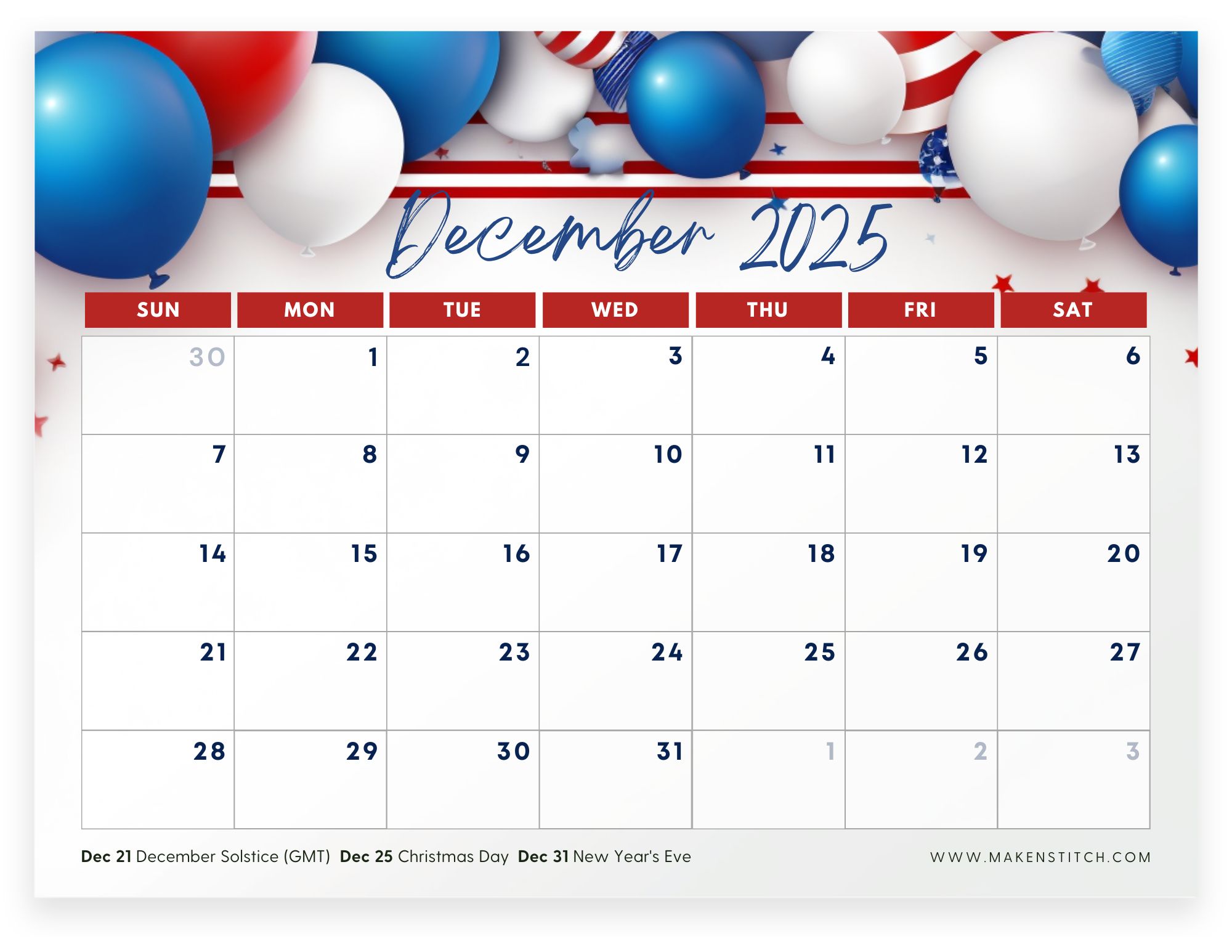 Free December 2025 Calendar Printables - Makenstitch