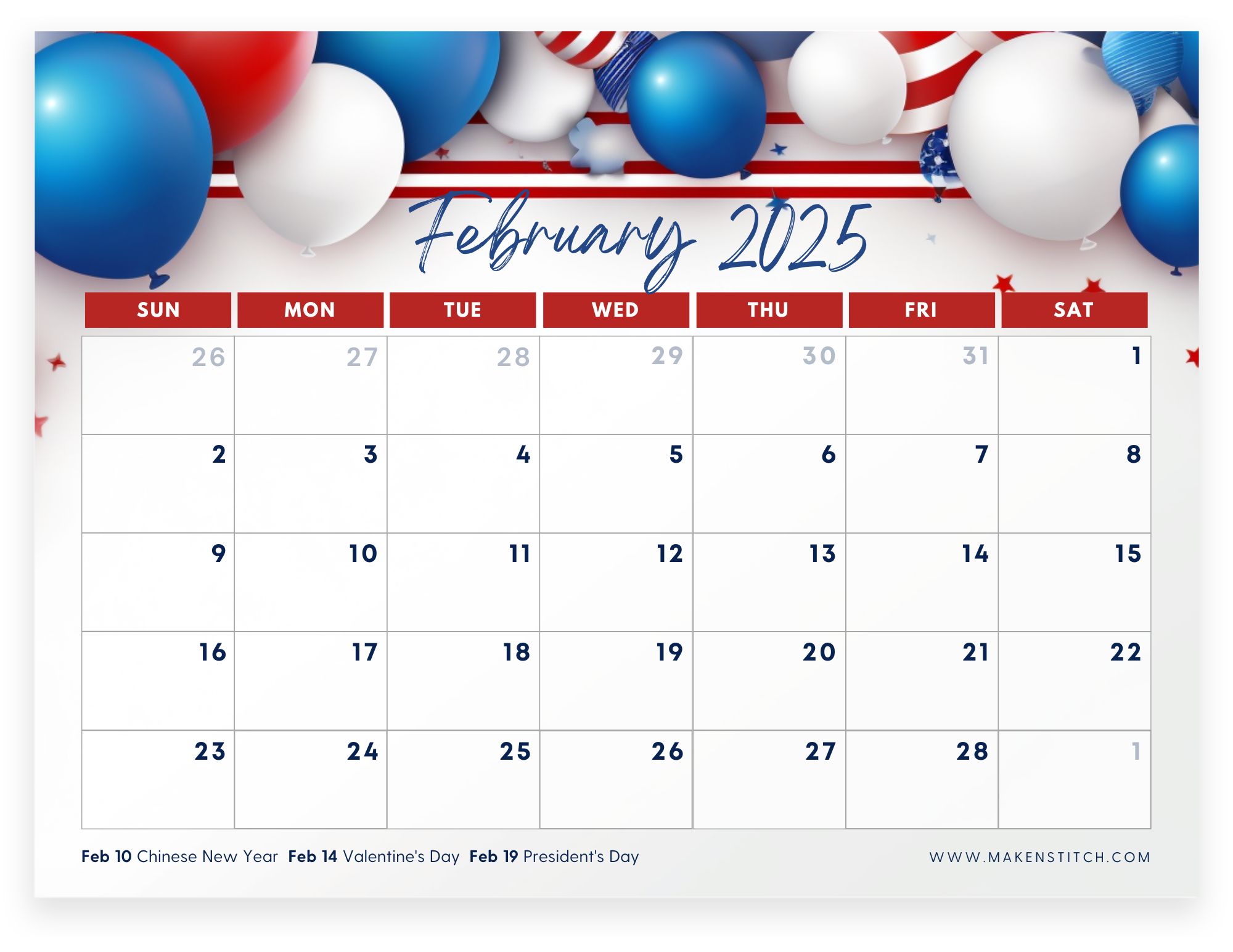 Free February 2025 Calendar Printables - Makenstitch