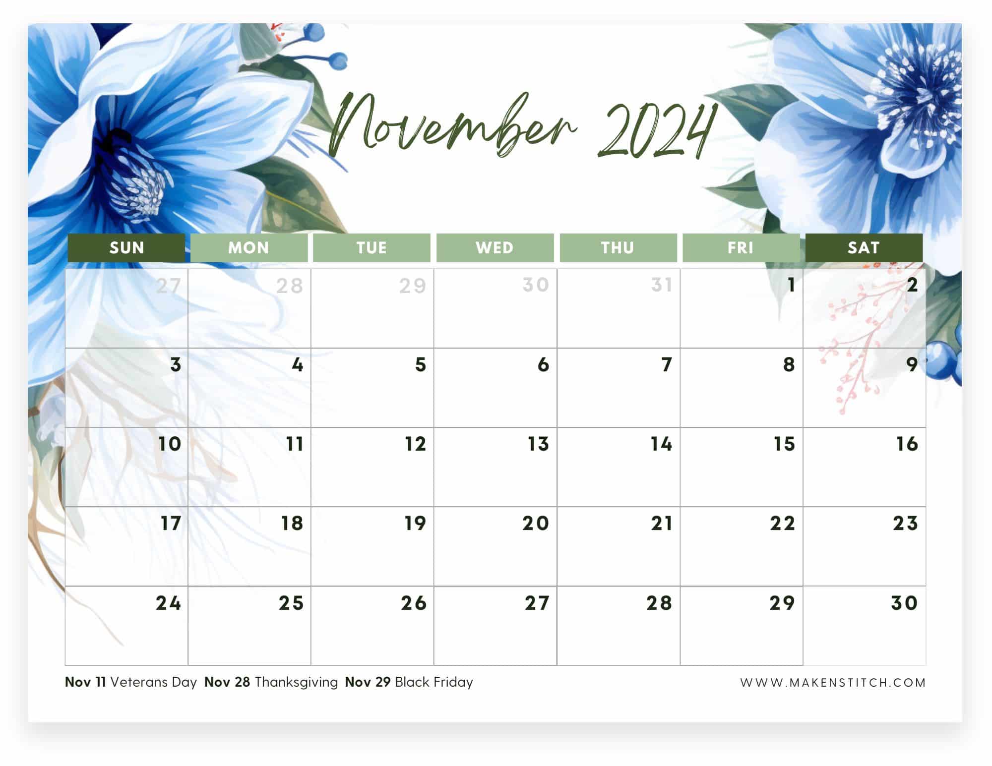 November 2024 Calendar Free Printable - Makenstitch