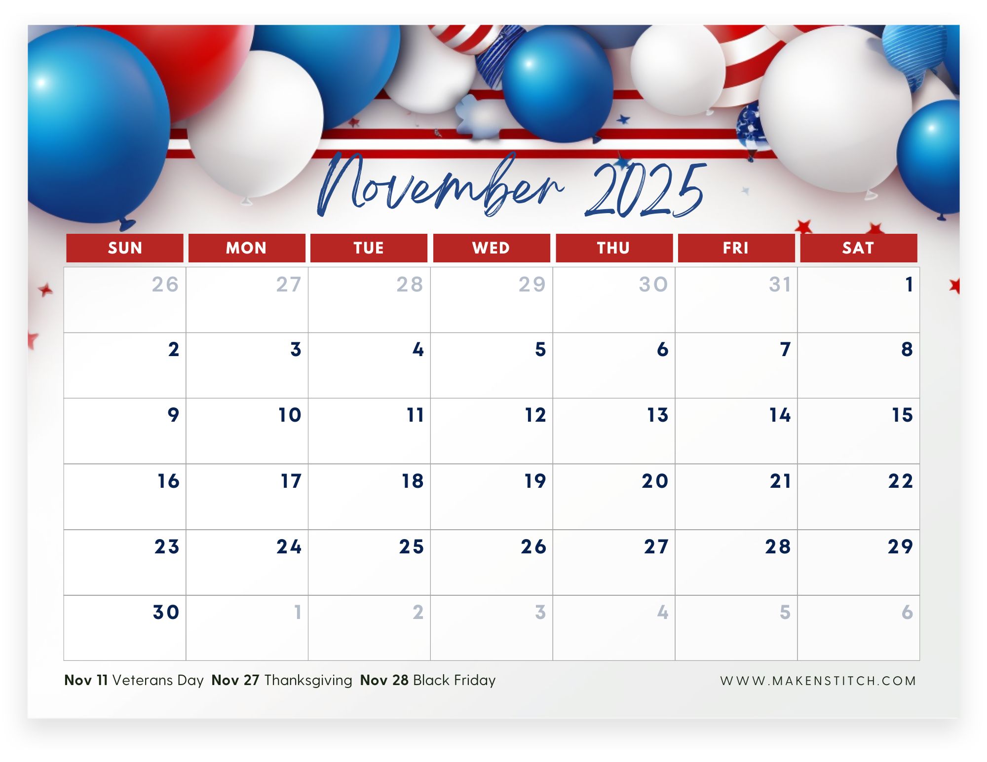Free November 2025 Calendar Printables - Makenstitch