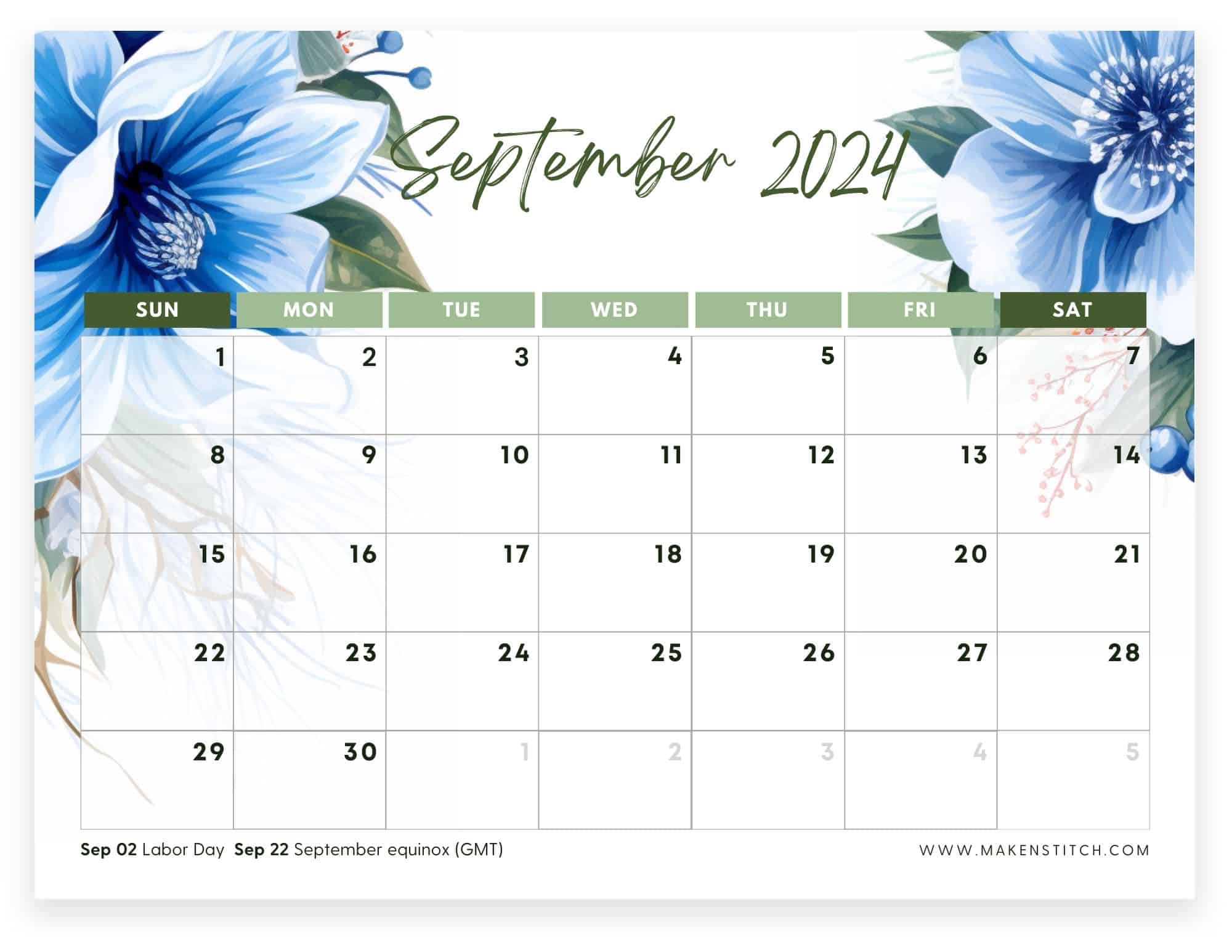 September 2024 Calendar Free Printables - Makenstitch
